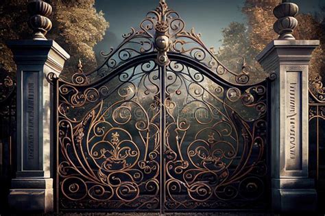 Iron Mansion Gates With Intricate Metalworking And Detailed Scrollwork