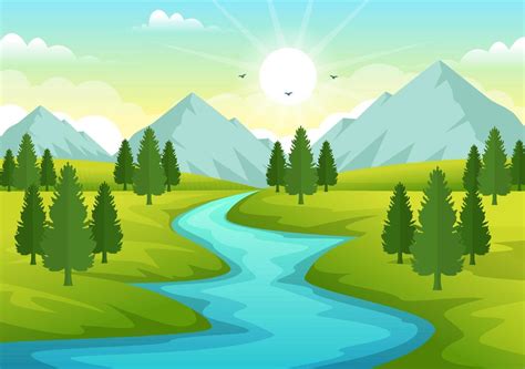Fluss Landschaft Illustration mit Aussicht Berge Grün Felder Bäume