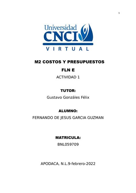Actividad Costos Y Presuspuestos M Costos Y Presupuestos Fln E