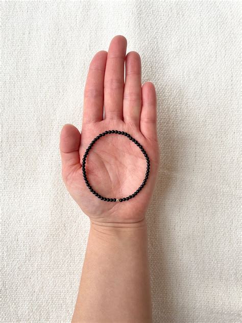 Dainty Black Onyx Gemstone Bracelet 3mm Round Beads Gold Filled