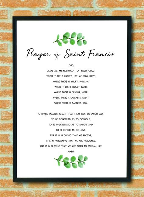 Prayer St Francis Printable Peace Prayer Of Saint Francis St Etsy