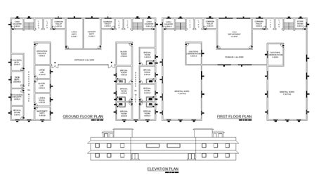 Hospital Main Elevation And Ground And First Floor Plan Cad Drawing