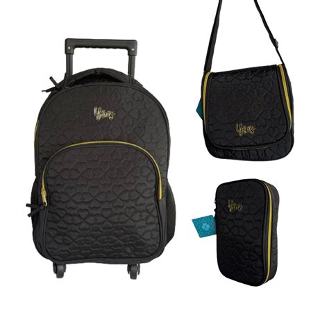 Kit Mochila de Rodinhas 4 rodas PRETO Lancheira e Estojo BOX 360º 17