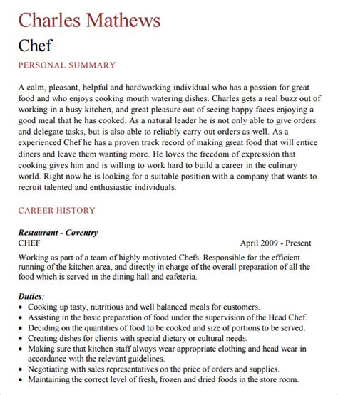 Chef Resume Templates Free Samples Examples Format Sample