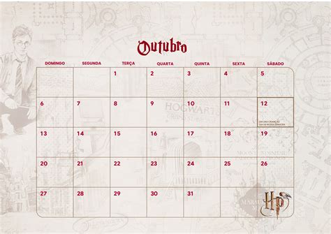Calendário Mensal Harry Potter Outubro Fazendo a Nossa Festa