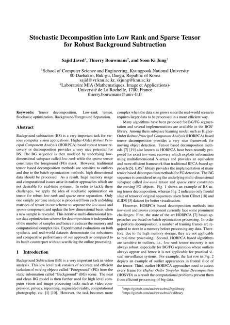 pdf stochastic decomposition into low rank and sparse tensor for robust background subtraction