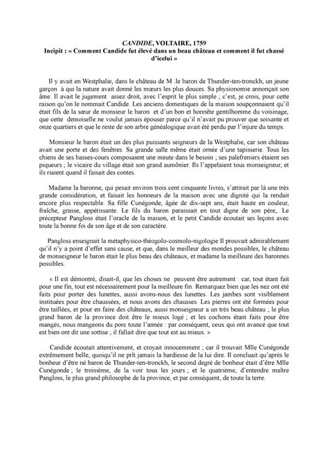 Candide Texte Candide Voltaire Incipit Comment Candide