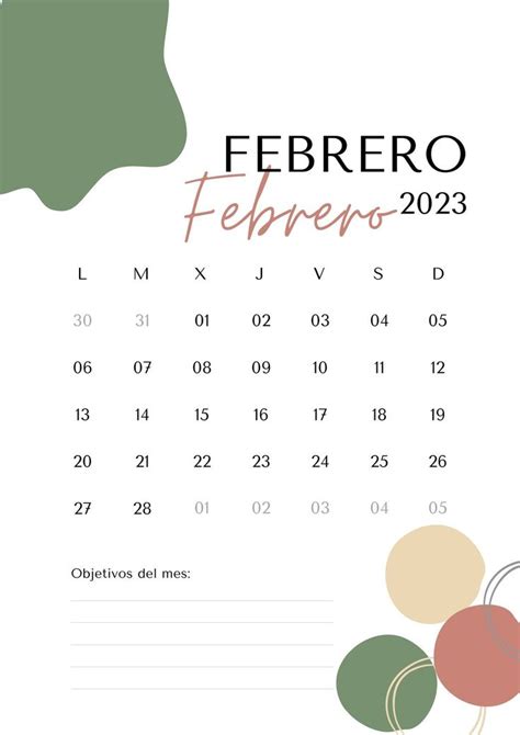 Calendario A4 Mes Febrero 2024 Orgánico Imprimible blanco y Pastel