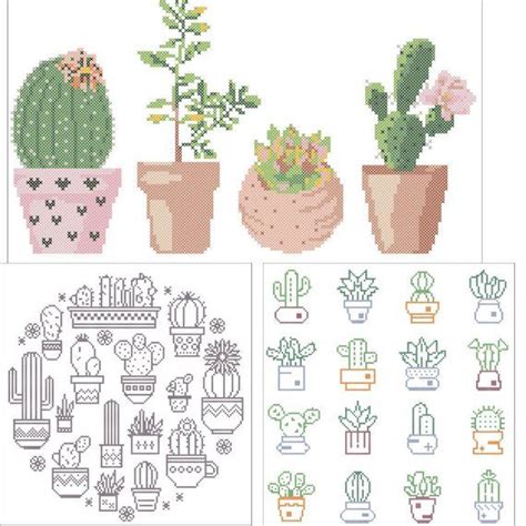 Set Of 3 Cactus Cross Stitch Pattern Modern Cross Stitch Pattern Cactus