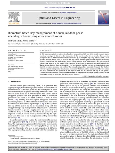 pdf biometrics based key management of double random phase encoding scheme using error control