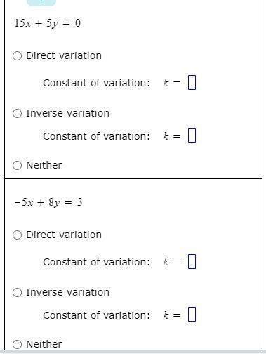 for each equation determine whether it represents a direct variation an inverse variation or