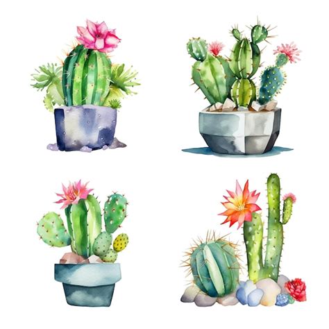 Colección de pintura de acuarela de cactus con flores Vector Premium
