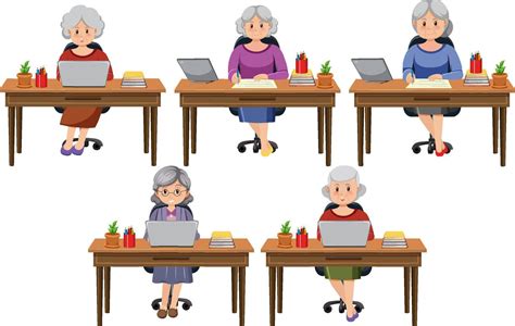 Old Woman Sitting In Front Of Computer Vector Art At Vecteezy