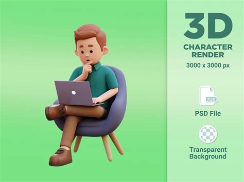 Personagem masculino 3d sentado em um sofá e trabalhando em um laptop
