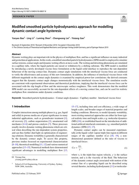 pdf a modified smoothed particle hydrodynamics approach for modelling dynamic contact angle