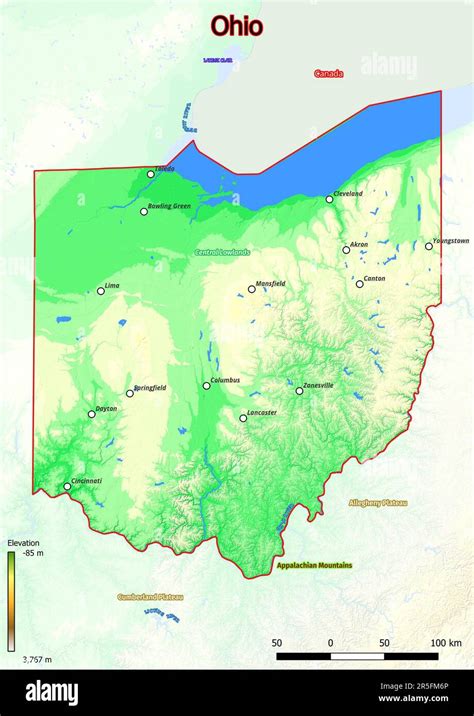 Physical Map Of Ohio Shows Landform Features Such As Mountains Hills
