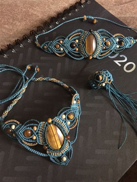 Parure micro macramé œil de tigre Collier macramé Micro macramé