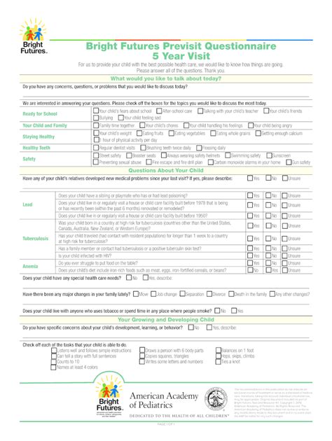 Fillable Online Bright Futures Previsit Questionnaire 6 Year Visit El