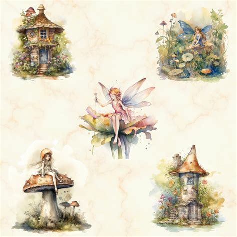 20 PNG Watercolor Fairy Garden Clipart Fairy Garden PNG Set Cute Fairy