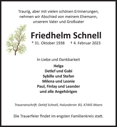 Traueranzeigen Von Friedhelm Schnell Nordwest Trauer De