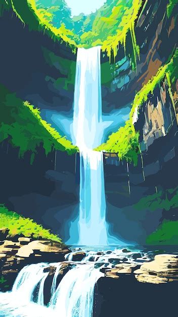 Desenho De Paisagem De Cachoeira Vector De Arte De Desenho Animado
