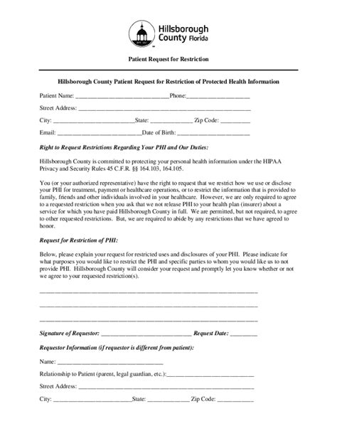 Fillable Online Hipaa Patient Request For Restriction Of Phi Fax