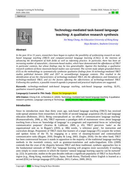 pdf technology mediated task based language teaching a qualitative research synthesis