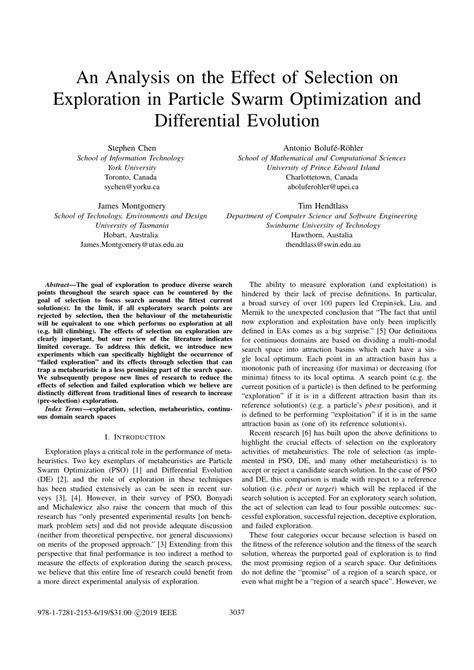 pdf an analysis on the effect of selection on exploration in particle swarm optimization and