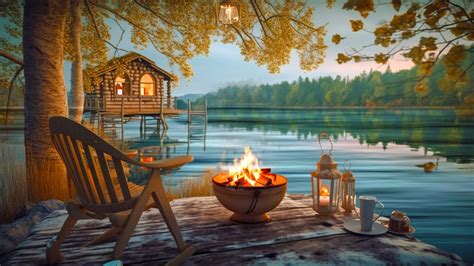 Autumn Cozy Lake House Porch In The Morning With Bonfire Piano Jazz
