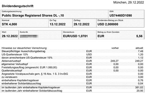 Kassenzettel Public Storage Dividende Dezember 2022 SchwarzGeld