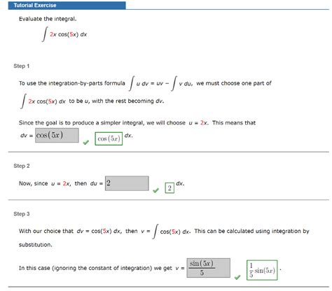 solved tutorial exercise evaluate the integral 2x cos 5x