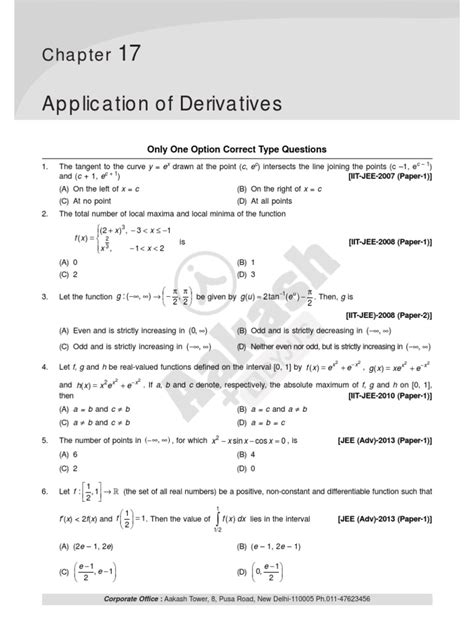 application of derivatives only one option correct type questions pdf maxima and minima
