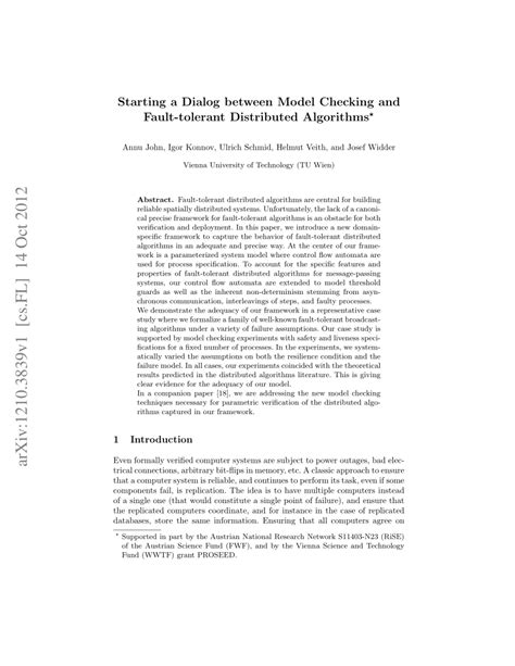 pdf starting a dialog between model checking and fault tolerant distributed algorithms
