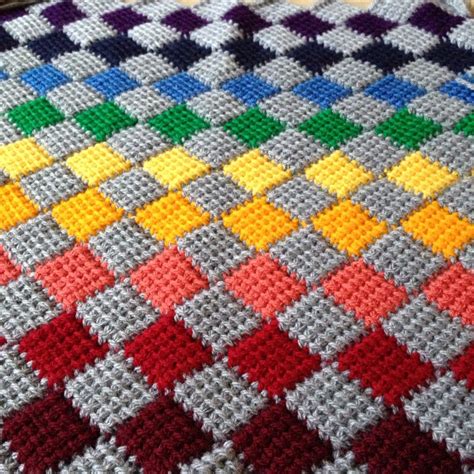 Tunisian Entrelac Crochet Rainbow Cushion Cover Crochet Throw Blanket