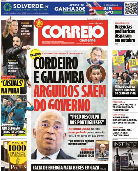Capa Correio da Manhã 12 novembro 2023 capasjornais pt