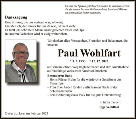 Traueranzeigen Von Paul Wohlfart Trauerportal Ihrer Tageszeitung