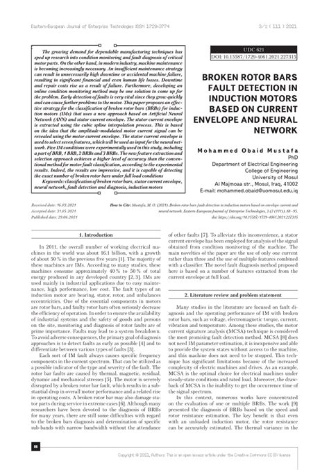 pdf broken rotor bars fault detection in induction motors based on current envelope and neural