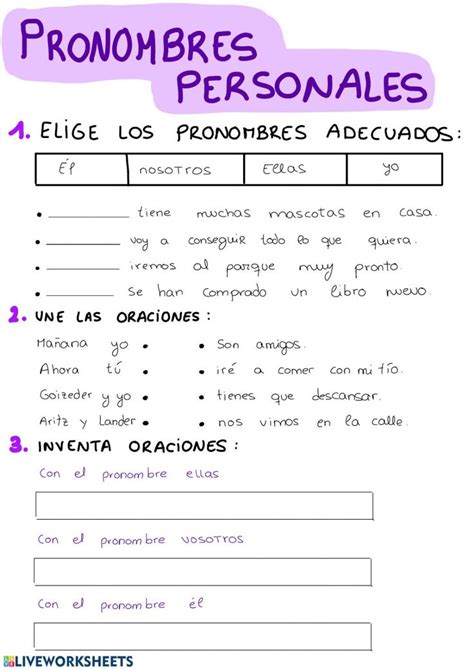 Ficha Pronombres Personales Ficha Interactiva Pronombre Personal The