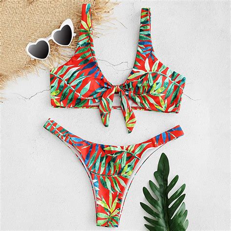 ZAFUL Women Bikini Set Leaf Print Knot High Cut Bikini Set Lady Sexy