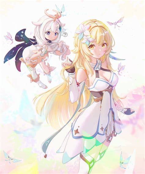 Lumine Paimon And Crystalfly Genshin Impact Drawn By Hancho Danbooru