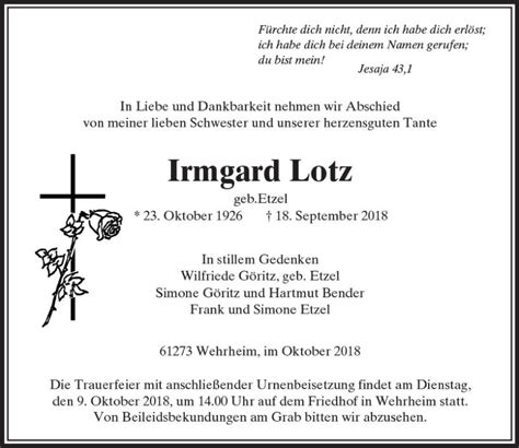 Traueranzeigen Von Irmgard Lotz Vrm Trauer De