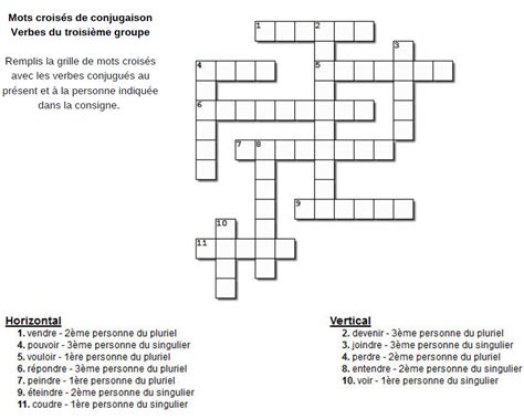 Mots croisés de conjugaison pour s entraîner à conjuguer au présent à