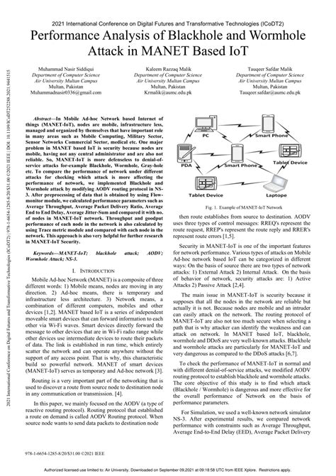 pdf performance analysis of blackhole and wormhole attack in manet based iot