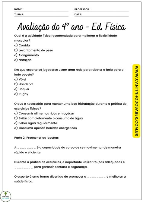 Atividade De Ed Fisica 4 Ano BRAINCP