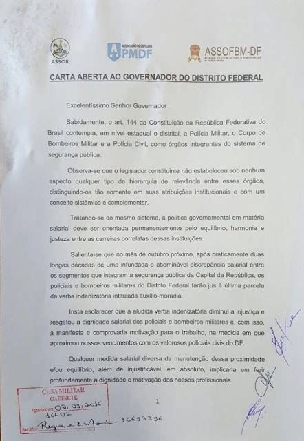 DF INFORMADO CARTA ABERTA AO GOVERNADOR DO DISTRITO FEDERAL