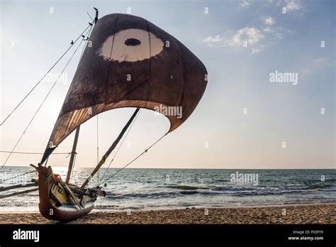 View Of Traditional Outrigger Fishing Boat Oruva With Sail On Negombo