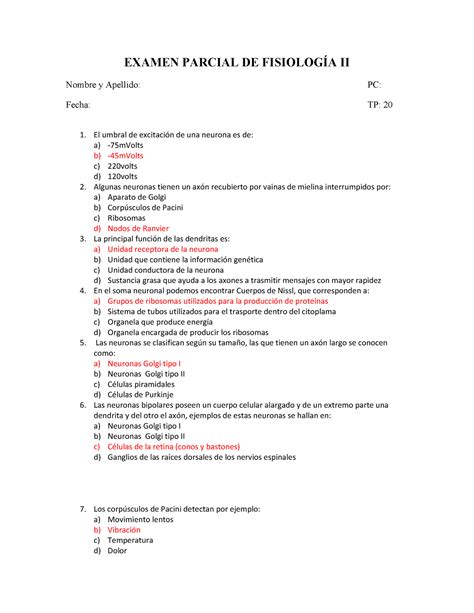 Examen Fisiolog A Ii Examen Parcial De Fisiolog A Ii Nombre Y
