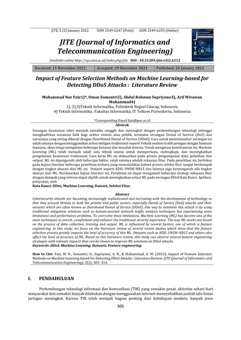 pdf impact of feature selection methods on machine learning based for detecting ddos attacks