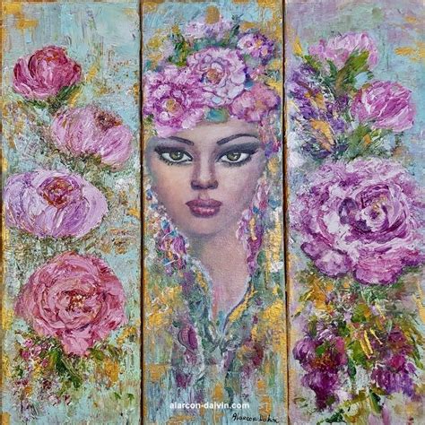 Tableau Peinture Portrait Femme Fleurs Moderne Figuratif
