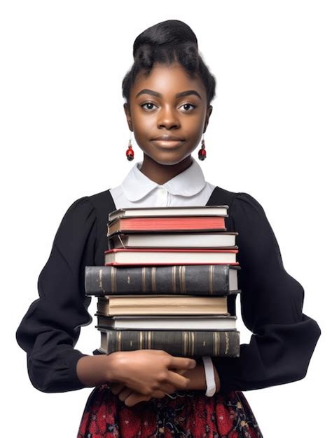 Retrato De Una Hermosa Adolescente Negra Con Libros En La Mano Concepto